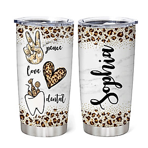 Hyturtle Personalized Dentist Tumbler Coffee - Peace Love Dental Stainless Steel Tumbler 20 oz With Lid - Idea Gifts For Dentists, Women, Dental Hygiene, Glass, Men, Hygienist - Gifts For Birthday