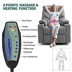 YITAHOME Recliner Chair with Wireless Charging, Electric Power Recliner Chair with Massage for Elderly, Fabric Reclining Loveseat with USB Ports, Side Pocket, Remote Control，Grey