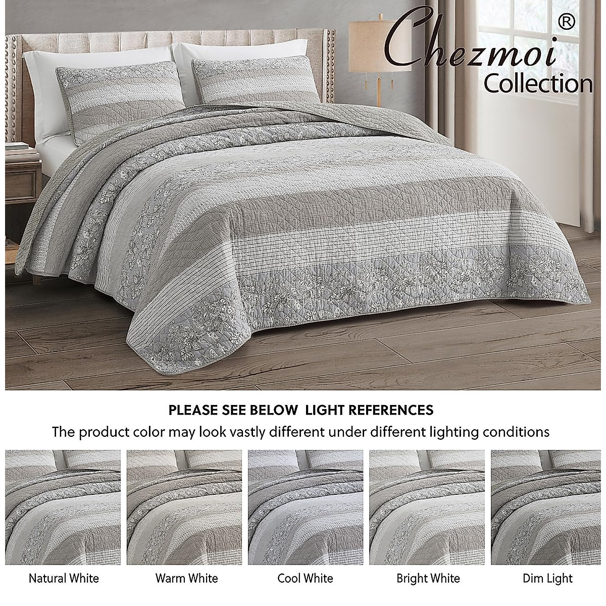 Chezmoi Collection Robyn 3-Piece Neutral Taupe Gray White Floral Hibiscus Flower Patchwork Striped Quilt Set - Pre-Washed Cotton Coverlet - Lightweight Reversible Bedspread, King Size
