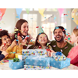 CAMKUZON Reversible Birthday Wrapping Paper Roll for Boys Girls Kids Men Women - Colorful Happy Birthday Lettering Balloon and Stars - Gift Wrap Paper for Birthday Party Holiday, 17.7 Inch X 33 Feet