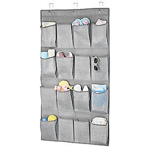 mDesign Soft Fabric Over the Door Hanging Storage Organizer with 16 Deep Pockets for Child/Kids Room, Nursery, Playroom - Metal Hooks Included - Herringbone Print - Gray