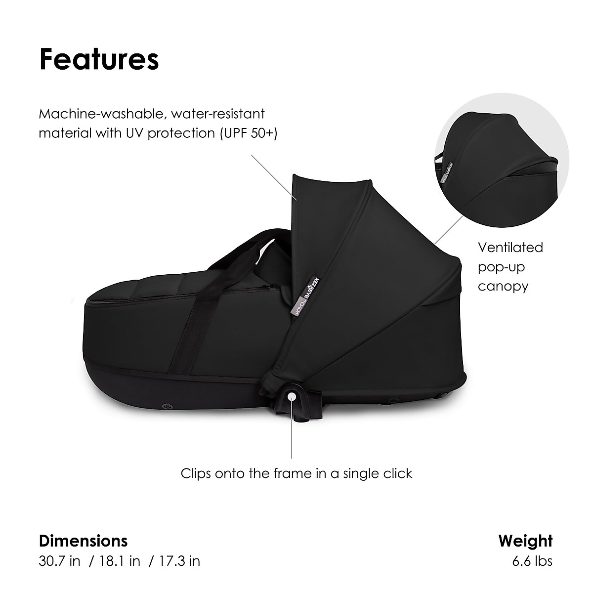 Babyzen YOYO 0+ Bassinet, Black - Includes Thick Double Mattress, Ventilated Shell & Canopy - Requires YOYO2 Frame (Sold Separately)