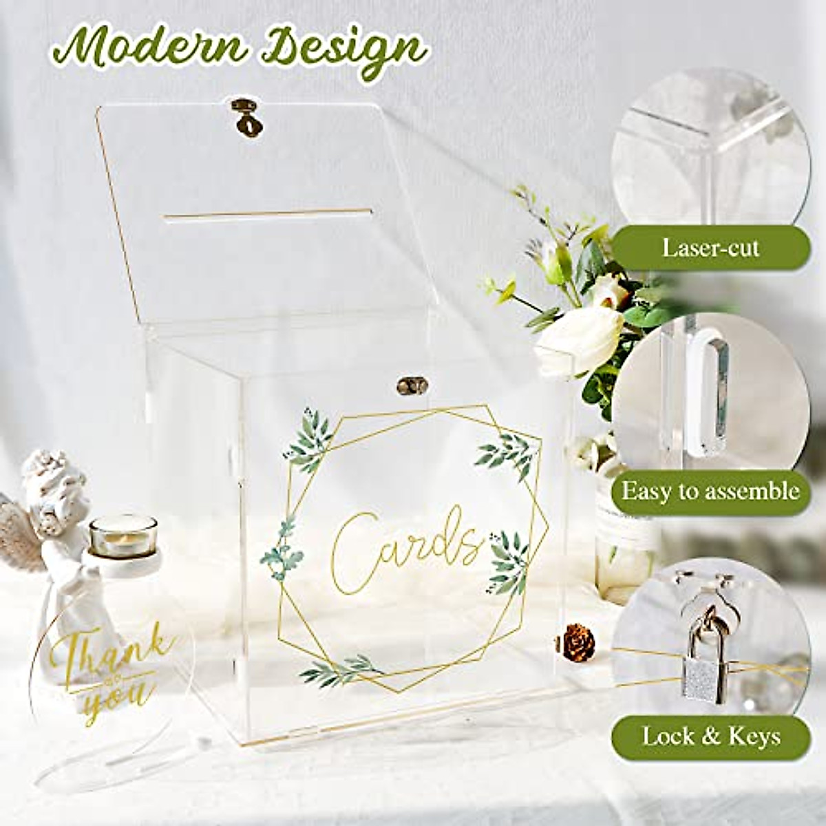 AerWo Acrylic Wedding Card Box for Wedding Reception, Clear Gift Card Box with Lock, Wedding Money Boxes Acrylic Card Box for Party Anniversary Graduation Birthday Baby Shower Decorations
