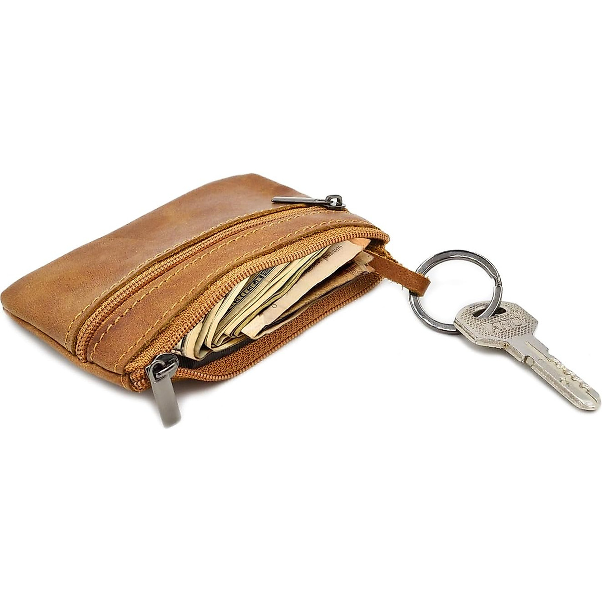Women Genuine Leather Coin Pouch Zip Mini Purse Wallet Key Chain Double Zipper