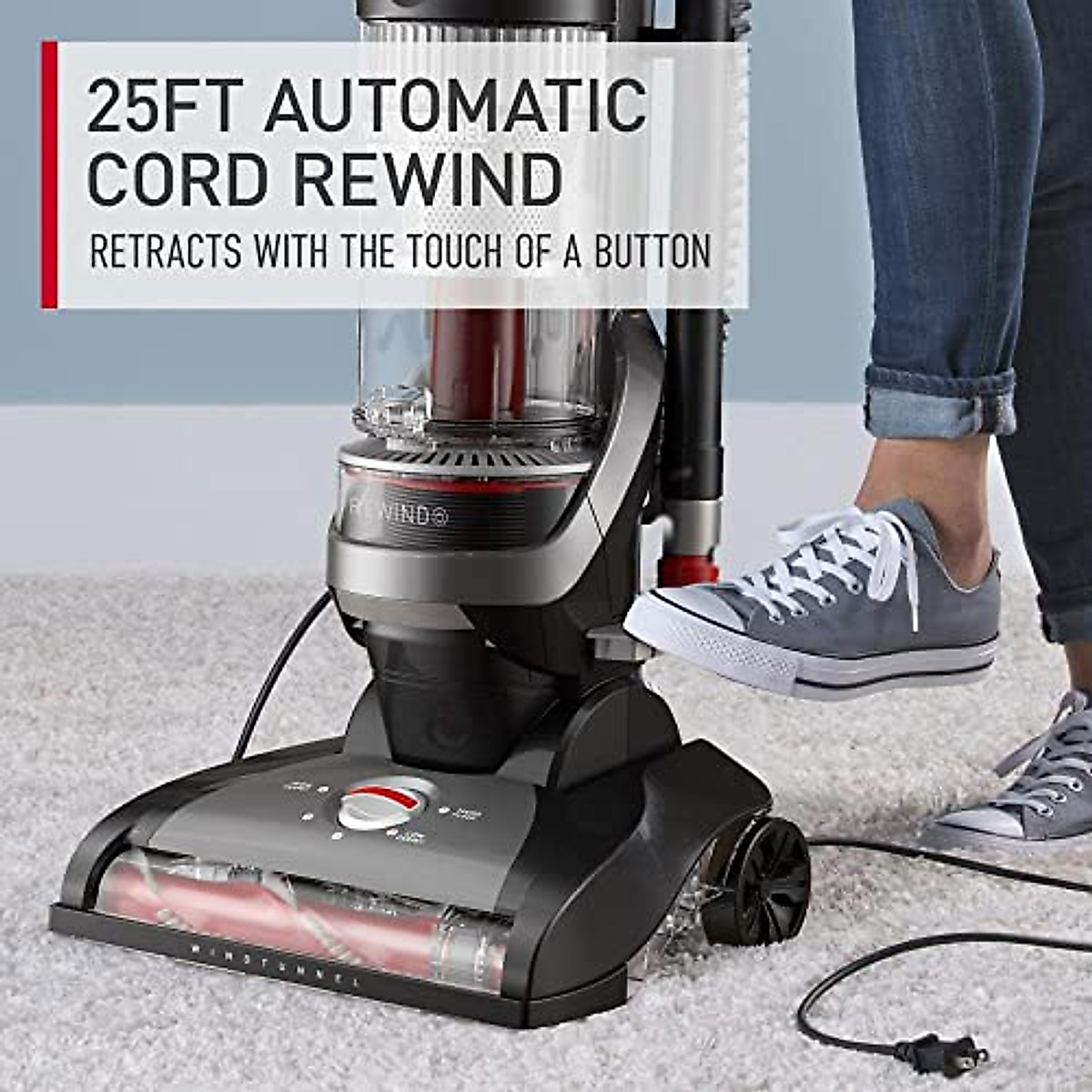 Hoover WindTunnel Cord Rewind Pro Bagless Upright Vacuum Cleaner, For Carpet and Hard Floors, UH71300V, Black