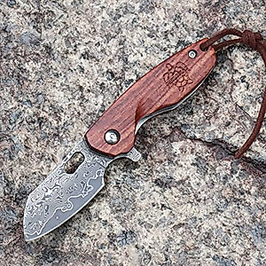 CHELONIAN Mini Damascus Outdoor Pocket Knives with Liner Lock Wood Handle,Gift Box