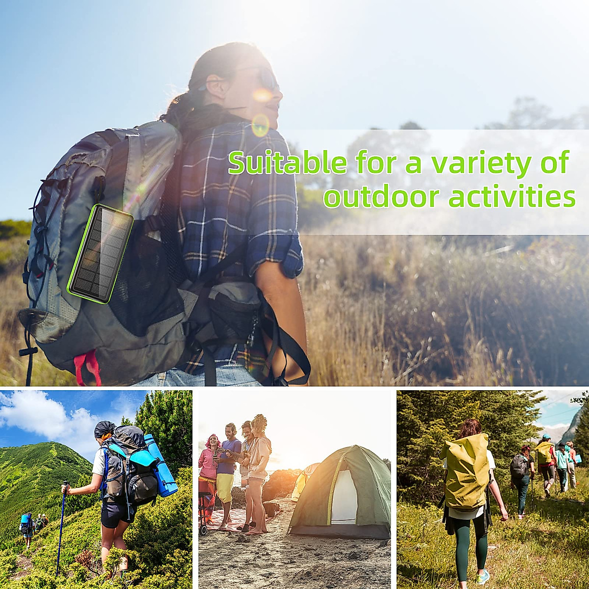 boogostore Portable Charger with Built in Cable and Wall Plug 30000mAh 22.5W Fast Charging Solar Power Bank with 5 Output & 2 Input Dual LED Flashlights Phone Holder External Battery Pack (Green)