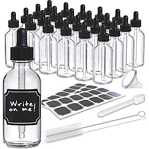 Nevlers 24 PK Clear Glass Dropper Bottle 2oz |The Essential Oil Dropper Bottle Includes Droppers for Oils, Funnel, Brush, & Marker with Labels |Leakproof Tincture Bottles with Dropper