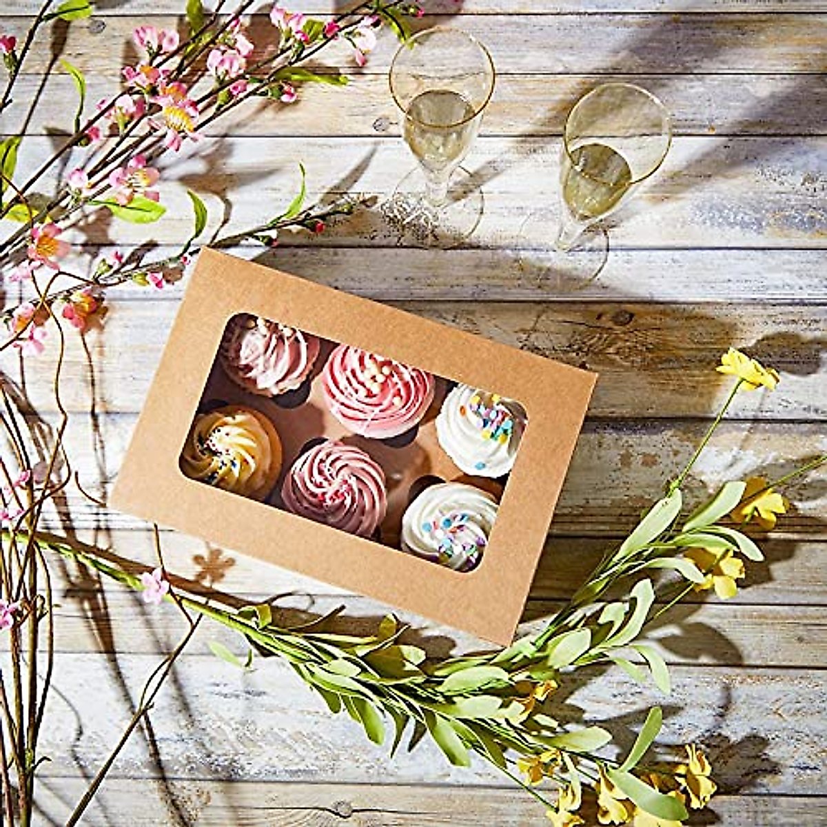 Juvale 24 Pack Cupcake Containers with Windows, 6 x 6 Boxes with 4 Count Inserts for Muffins (Kraft Paper)