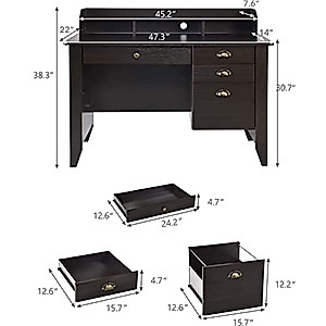 Catrimown Computer Desk with Drawers and Hutch, Farmhouse Wood Home Office Desk Kids Writing Study School Student Desk PC Laptop Desk Bedroom for Small Spaces, Espresso Brown