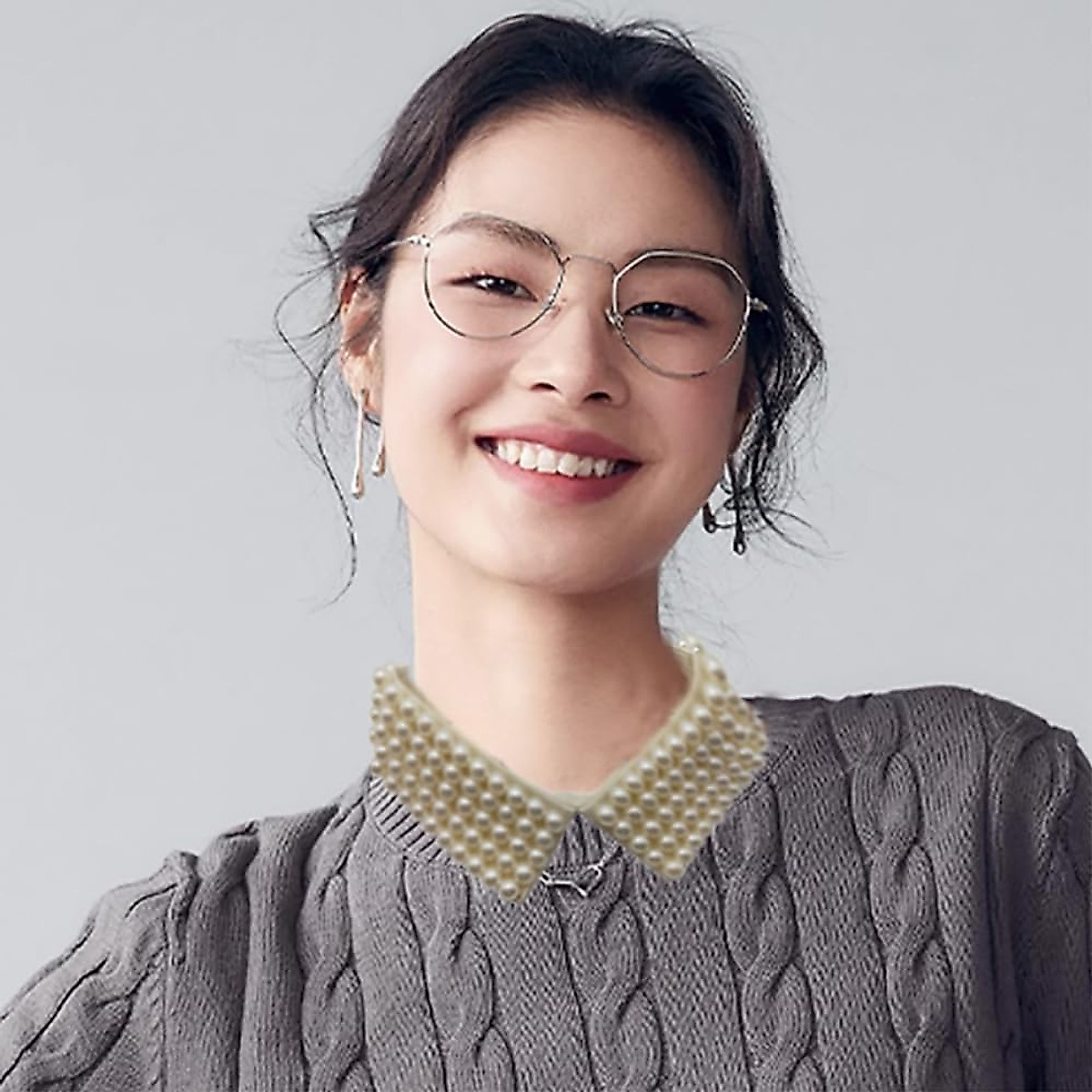 Zthread Vintage Beaded Collar Necklace Handmade Faux Pearl Collar Woman Fashion False Collar Necklace (Ivory+Extend Chain)