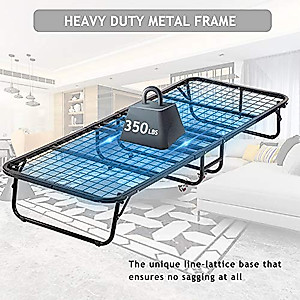 Folding Bed Frame with Wheel, Rollaway Bed with Mattress for Adults, Foldable Twin Bed with Thick Memory Foam Mattress for Spare Bedroom&Office, Camping Cot Portable Folding Bed for Adults&Kids 350LBS