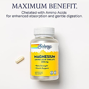 Solaray Magnesium Amino Acid Chelate 200 mg, Chelated Magnesium Supplement for Bone Health, Heart Health and Muscle Function Support, Vegan, 60-Day Money Back Guarantee, 100 Servings, 100 VegCaps