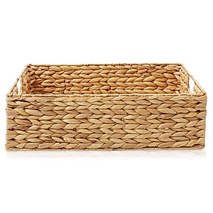 Casafield Set of 4 Water Hyacinth Pantry Baskets, 12-1/2" x 17" x 5", with Chalkboard Labels and Chalk Marker - Natural, Woven Storage Bin Organizers for Kitchen Shelves