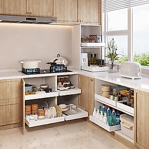 2 Pack Pull out Cabinet Organizer 21"Deep, Expandable Slide out Drawers for Kitchen Cabinets with 4pcs Divider Racks, Peel and Stick Pull out Drawers, Cabinet Roll out Shelves 12.4"-20.5" W (White)