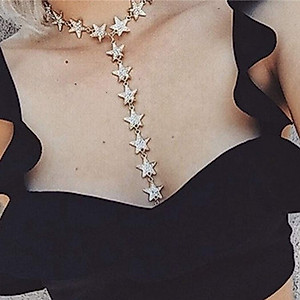 Nicute Star Y-Necklaces Rhinestone Long Necklaces Crystal Choker Chain Party Choker Necklace Jewelry for Women (Silver)