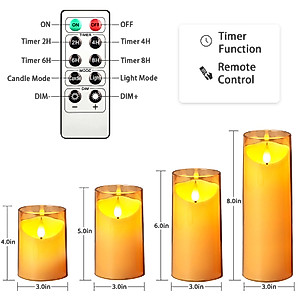 NURADA Flickering Flameless Candles: Acrylic LED Pillar Candles Battery Operated with Remote and Timer Imitation Glass Candle for Home Table Bathroom Decor, Gold, Pack of 5 (D 3"×H 4" 5" 6" 8" 8")