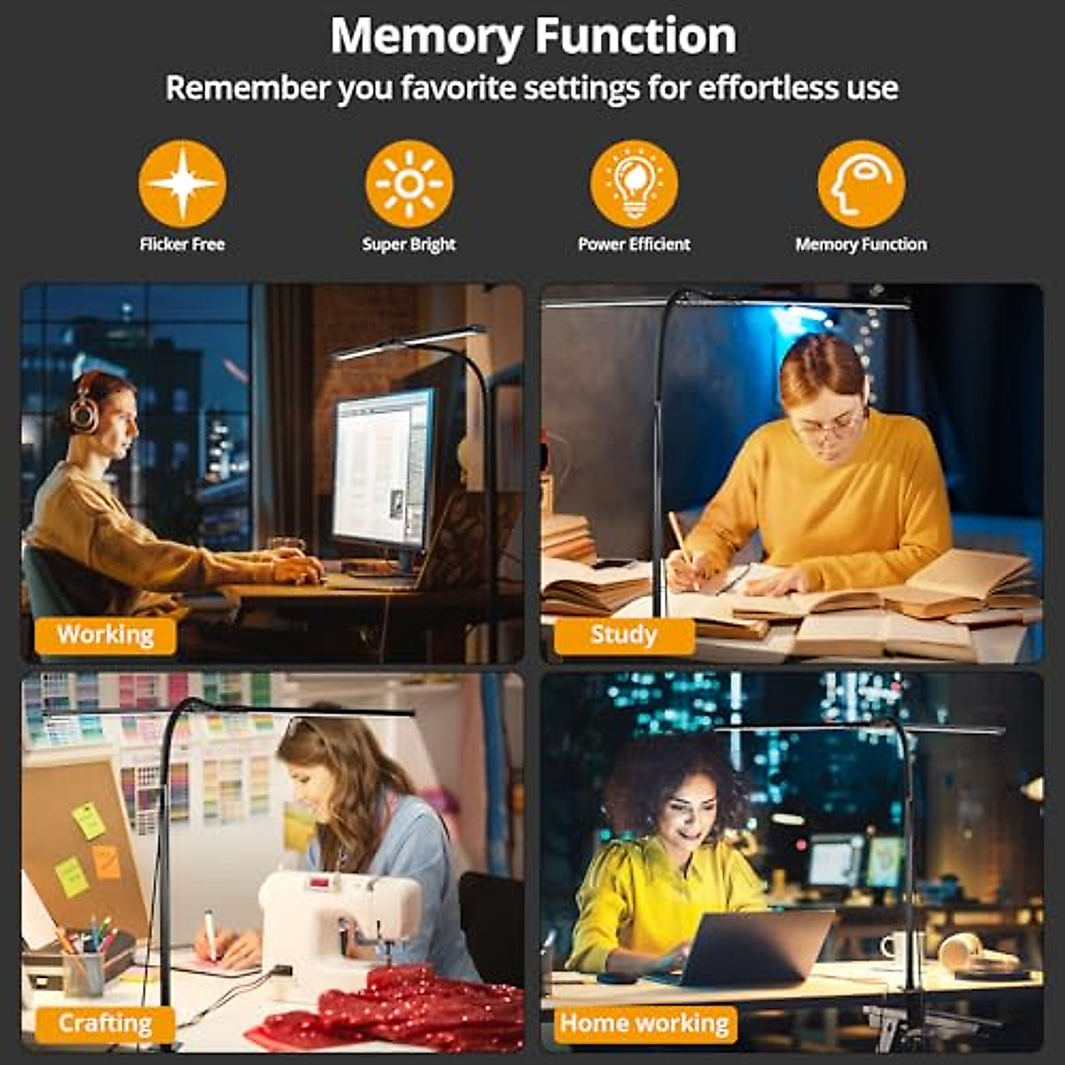 Woputne Desk Lamp Clamp Light, Dual Head, Long Clip Light, 3 Modes x 10 Brightness, 10W 860lumen, Office Clamp Task Table Lamp, Black