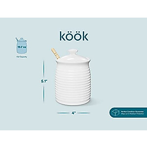Kook Ceramic Honey Jar with Lid, Wooden Dipper, Small Beehive Honey Pot with Lid, Durable Stoneware, Microwave & Dishwasher Safe, 20 oz, Glossy Finish, White