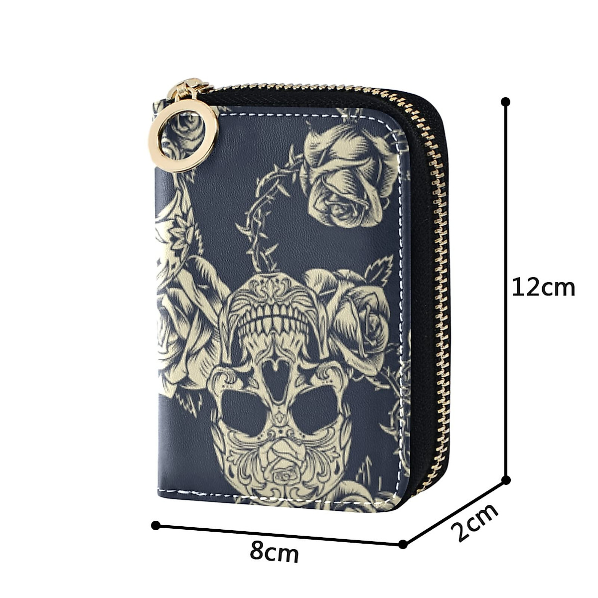 Seamless Vintage Sugar Skulls with Roses Flowers on DarkGrey Credit Card Coin wallet, RFID Blocking Compact Women Leather Card Holder, Key Change Organizer, Zipper Purse Clutch Pouch