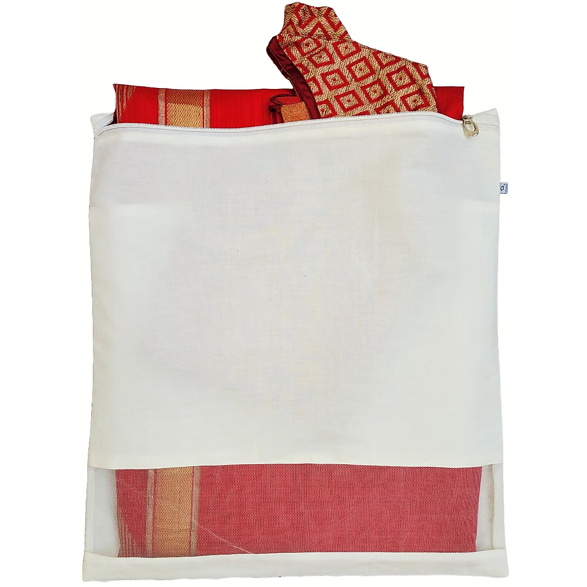 Clarkia Reusable Cotton Saree Cover with Blouse compartment big size for Storage, Wardrobe Organizer bags saree bags cotton (17x17 inches, Beige) (12)