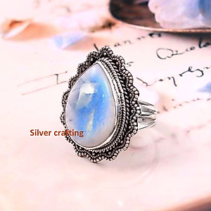 Queen look rainbow moonstone Bohemian ring gemstone 925 sterling silver ring Silver band jewelry (10.5)