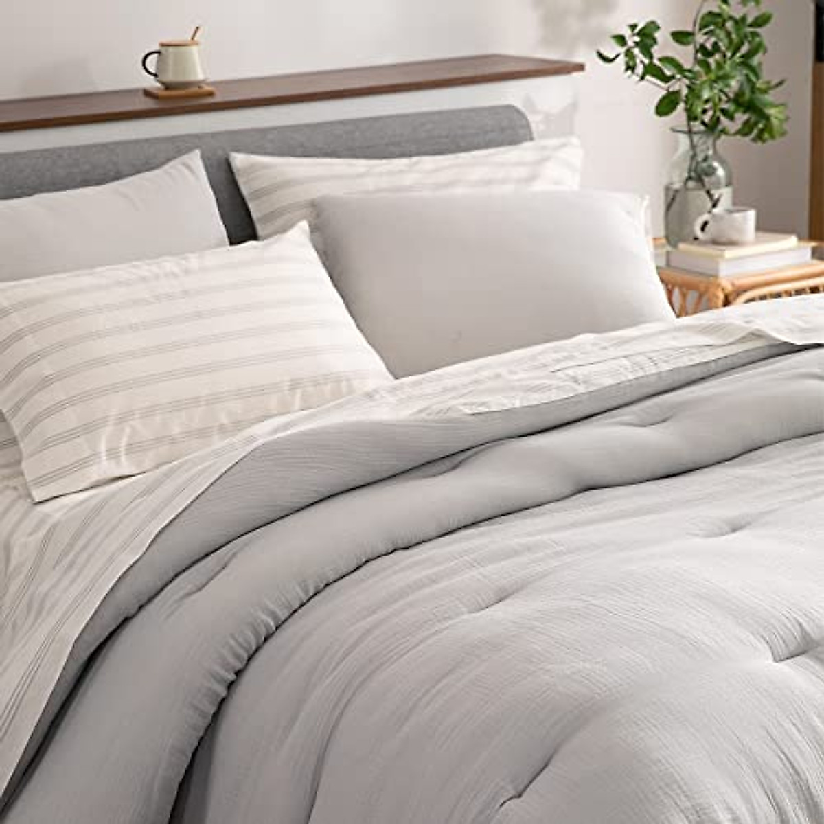 SHALALA Light Grey Cotton Gauze Lightweight Comforter Bedding Sets, Light Grey Comforters for King Bed, 7pcs Soft Warm Bed Sets with Comforter Set and Gray Striped Sheet Sets