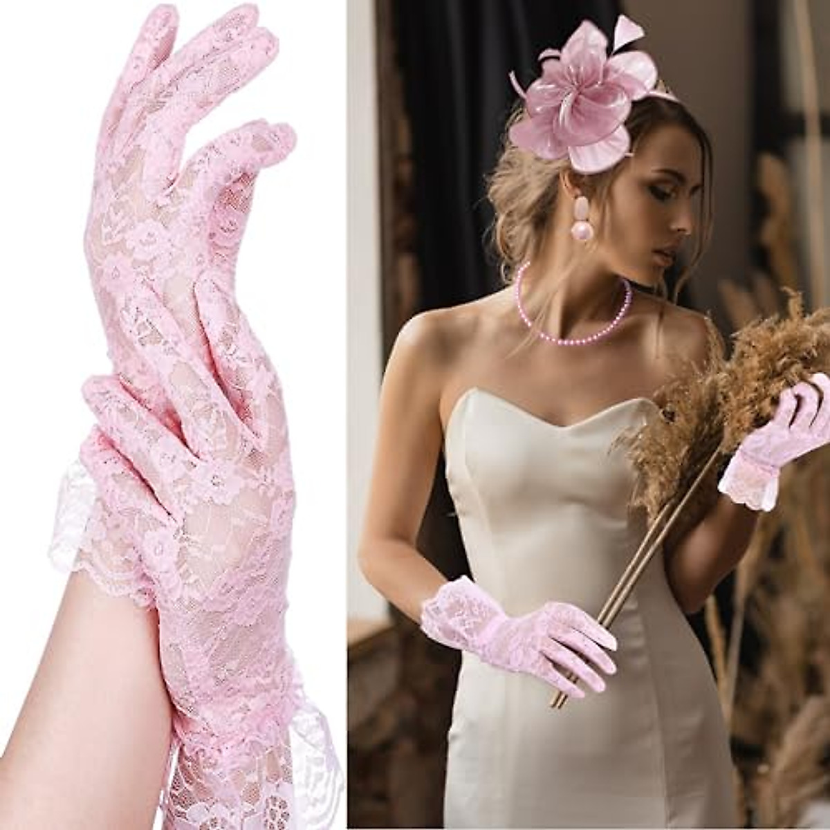 4 PCS Fascinators Hat Kentucky Derby Hats Wedding Cocktail Tea Party Headwear with Lace Gloves Pearl Necklace Earrings (Pink)