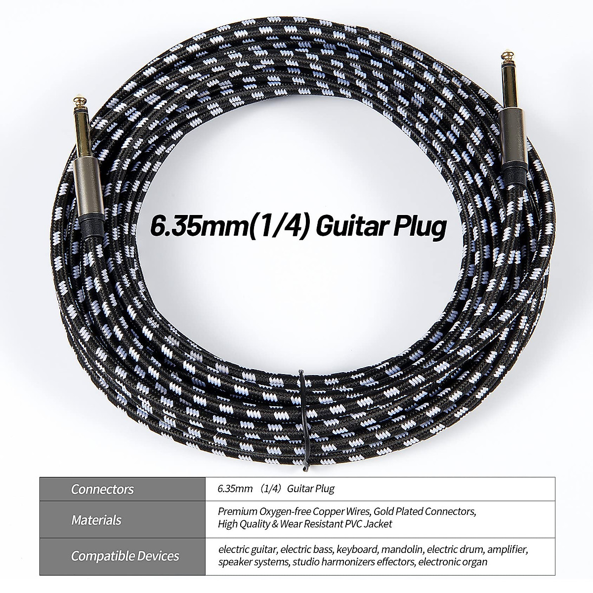 Sound harbor Guitar Cable, Guitar Amp Cord, Electric Guitar Instrument Cable 15 Feet, 1/4 Bass Guitar Cable