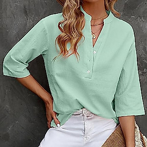 KSODFNXH 3/4 Length Sleeve Womens Tops Summer Solid Color V-Neck Button Down Shirts Casual Linen Plus Size Short Sleeve