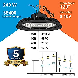 OSTEK 2Pack UFO led high Bay Light 240W, 0-10V Dimmable High Bay LED Lighting Fixture, 5000K, US Hook 5' Cable Barn Workshop Bay Lighting for Garage/Commercial Warehouse/Wet Location (240)