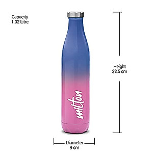 Milton Thermosteel Prudent 1100, Double Walled Vacuum Insulated Flask 1023 ml | 37 oz | 1 Ltr |24 Hours Hot and Cold Water Bottle, 304 Stainless Steel, BPA Free, Food Grade, Leak-Proof | Pink-Blue