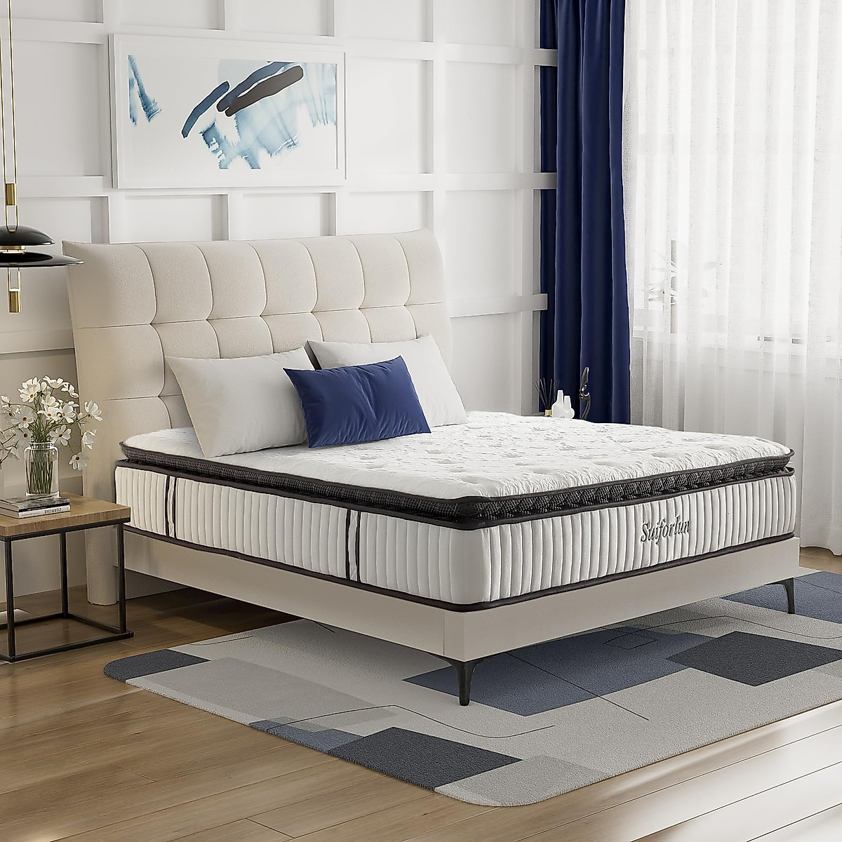 Suiforlun Twin XL Mattress, 12 Inch Pillow Top Cool Gel Memory Foam Hybrid Mattress in a Box, 7 Zone Encased Coils Innerspring for Back Pain Relief, Medium Firm