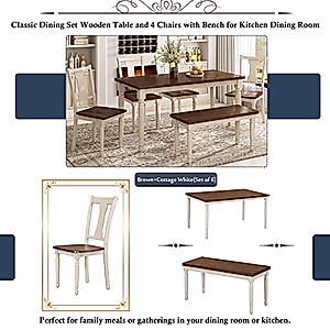 Lifeand Piece Wooden Table and 4 Chairs with Bench for Kitchen Room (Brown+Cottage White), Classic Dining Set for 6