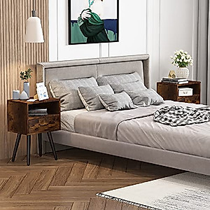 JAXPETY Nightstands Set of 2, Night Stand with Drawer and Open Storage Shelf, Bedside Tables with Solid Wood Legs, End Table, Side Table, for Bedroom, Retro Brown