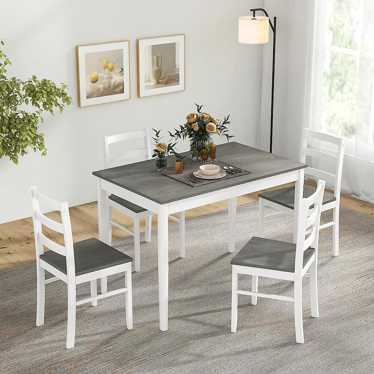 Tangkula Dining Table Set for 4, Farmhouse Solid Wood Dinette Set w/Rubber Wood Legs, Mid-Century Modern Dining Table and Chairs Set for Kitchen, Dining Room (Grey+White)