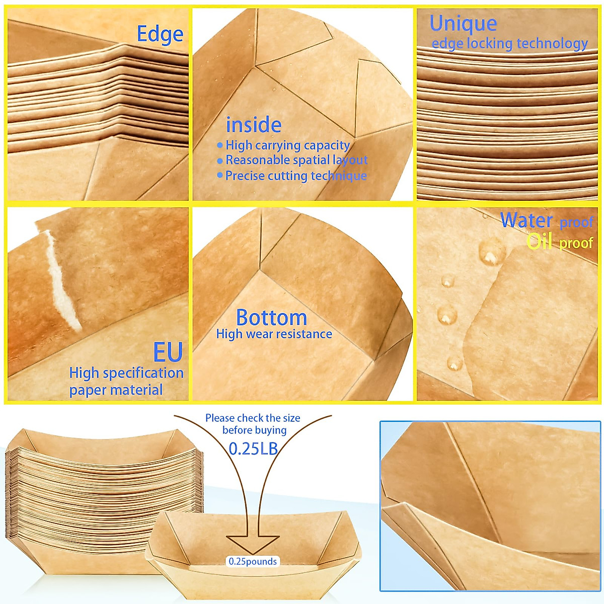 MotBach 150 Pack 1/4Lb Paper Food Boat Trays Disposable Small Paper Boats Plates Containers, 0.25Lb Mini Kraft Food Serving Boat Tray Baskets for Snack Fries Dessert Popcorn BBQ Sauce Tacos Nacho