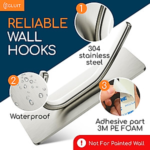 GLUIT Adhesive Towel Hooks for Bathroom Wall Hooks for Hanging Heavy Duty for Door Coat Rack Sticky Hanger Holder Durable Stainless Steel (Silver, 4 Pack)