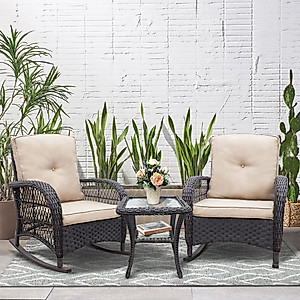 Flymatic 3 Pieces Outdoor Wicker Rocking Chair Set, Rattan Patio Rocker Chairs Set with Cushions and Glass-Top Coffee Table