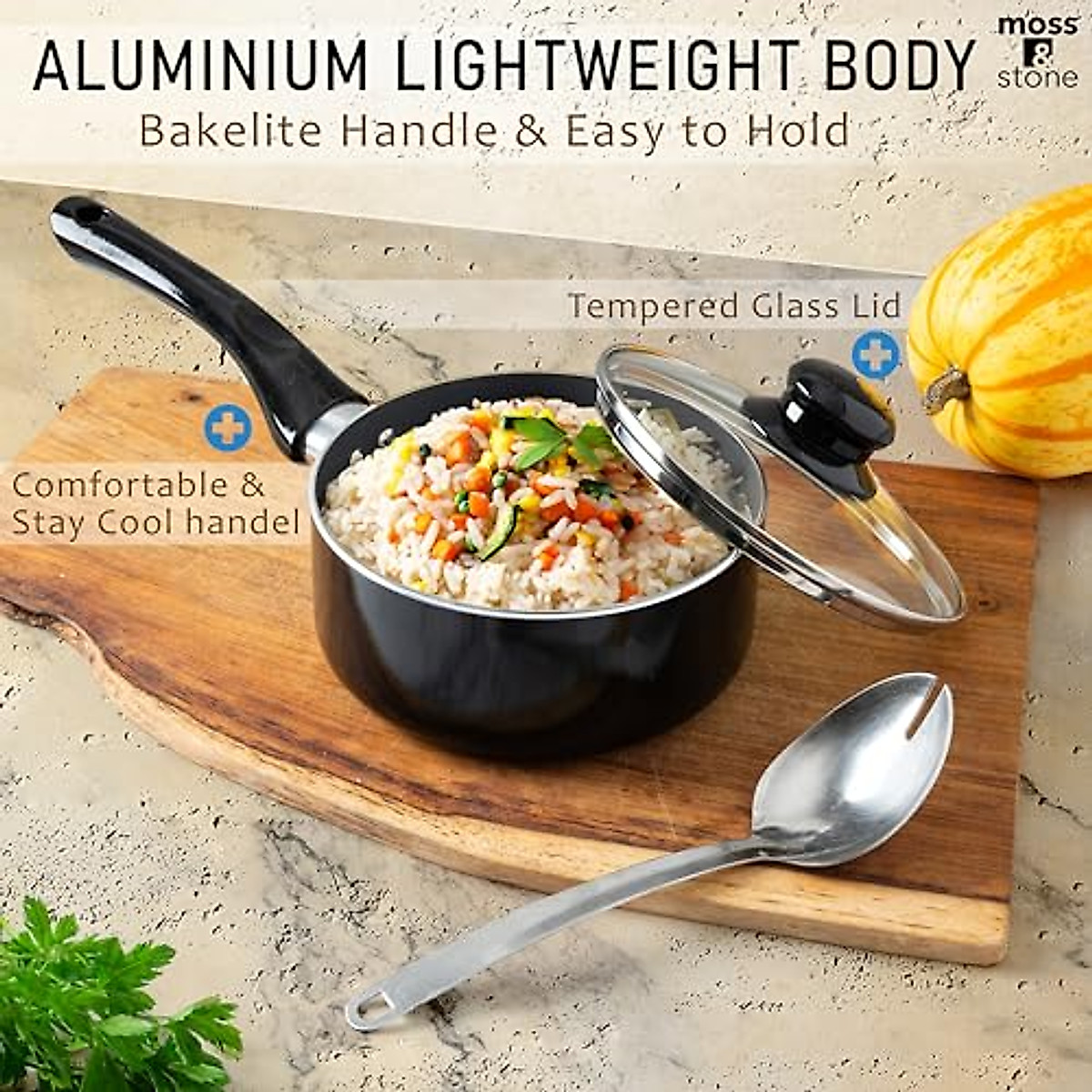 Moss & Stone 6 Piece Black Nonstick Cookware Set, Pots And Pans Set Non stick With Glass Lid, Induction Cookware, Stay Cool Handle, PTFE/PFOA, Kitchen Cookware 6-Piece with Frying Pans Set & Saucepan