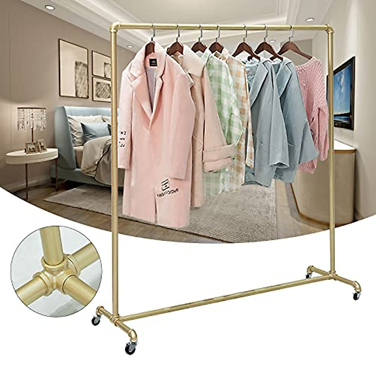DYRABREST Industrial Pipe Clothing Rack 47 x 63 Inch Gold Vintage Garment Racks with Wheels, Heavy Duty Metal Clothes Display Rack Rolling Rack for Hanging Clothes Retail Display