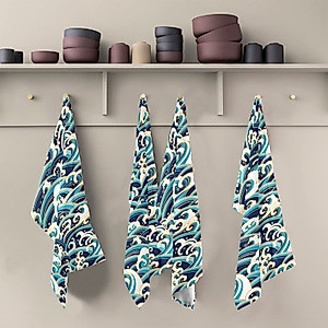 sletend Kitchen Towels or Tea Towels Japanese Style Sea Wave 28x18in Polyester Material Dish Towels or Dishcloths with Hanging Loop, Set of 1 Hand Towel for Dining Table Kitchen.
