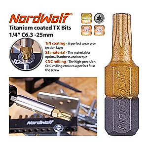 NordWolf 12-Piece Torx Bit Set, Titanium Nitride Coated 6 Point Screwdriver Star Bits Made From S2 Alloy Steel, Sizes T5 to T40