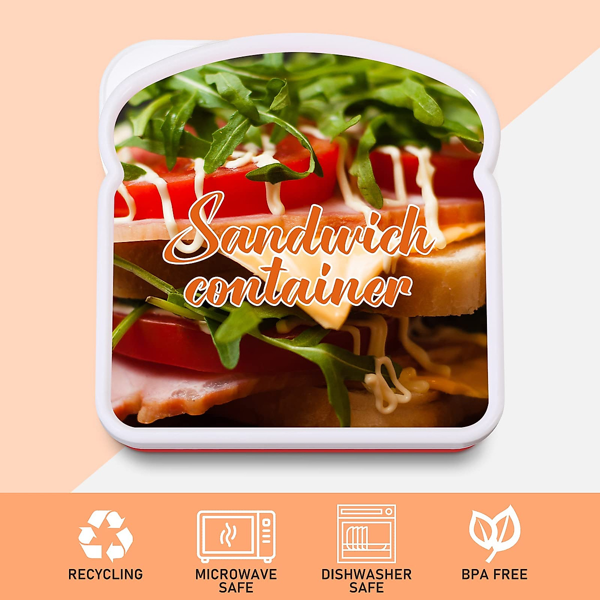 4 Pcs Sandwich Containers Sandwich Box for Lunch Toast Shape Food Storage Reusable Plastic Sandwich Holder Red White Kids or Adult Lunch Box for Bread Snack Meal Food Storage, 14 oz