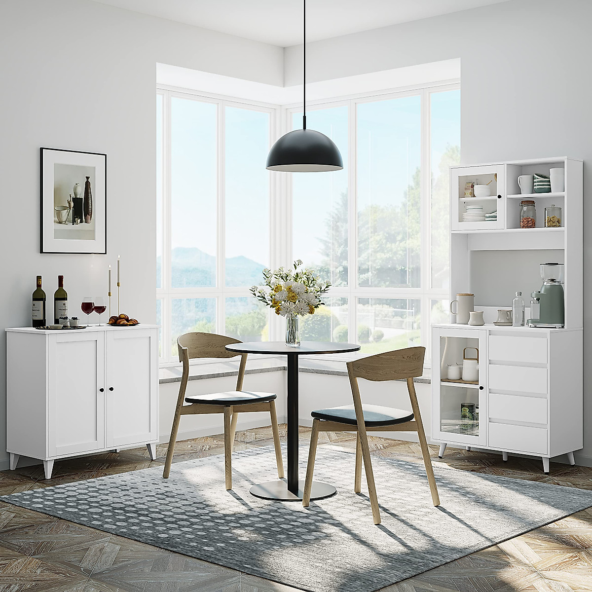 FACBOTALL 71'' Tall Kitchen Pantry Storage Cabinet with Large Countertop, Kitchen Buffet Hutch Cabinet with 2 Adjustable Shelves & Tempered Glass Doors, 4 Handless Drawers for Home, White