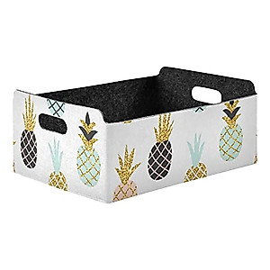 Fabric Storage Cube (Geometric Gold Pineapple) 13.7 × 10.2 × 5.1 inch, Large Capacity Decorative Foldable Storage Basket Organizer with Handles Rectangle Thick for Multi Use
