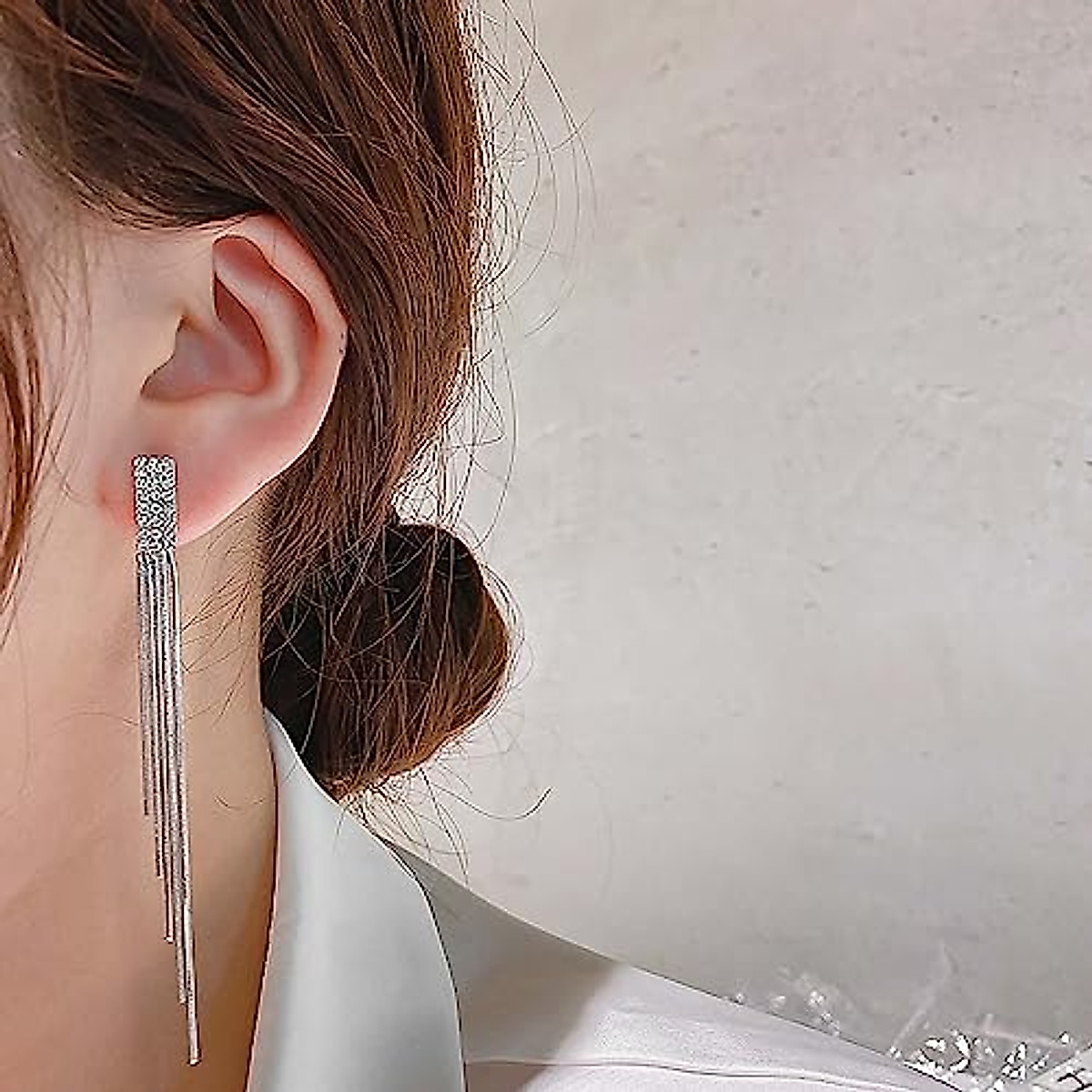 Sttiafay Vintage Rhinestone Dangle Earrings Silver Sleek Chain Drop Earrings Crystal Long Chain Tassel Earrings Sleek Metal Chain Earrings Jewelry for Women and Girls