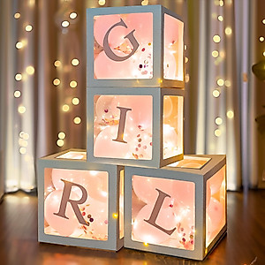 Uptotop Baby Shower Balloon Box Decorations, 4 Pcs Baby Blocks Transparent Balloon Boxes with A-E Letters, Fairy String Lights and 36 Pcs Latex Balloons for Decor, Pink