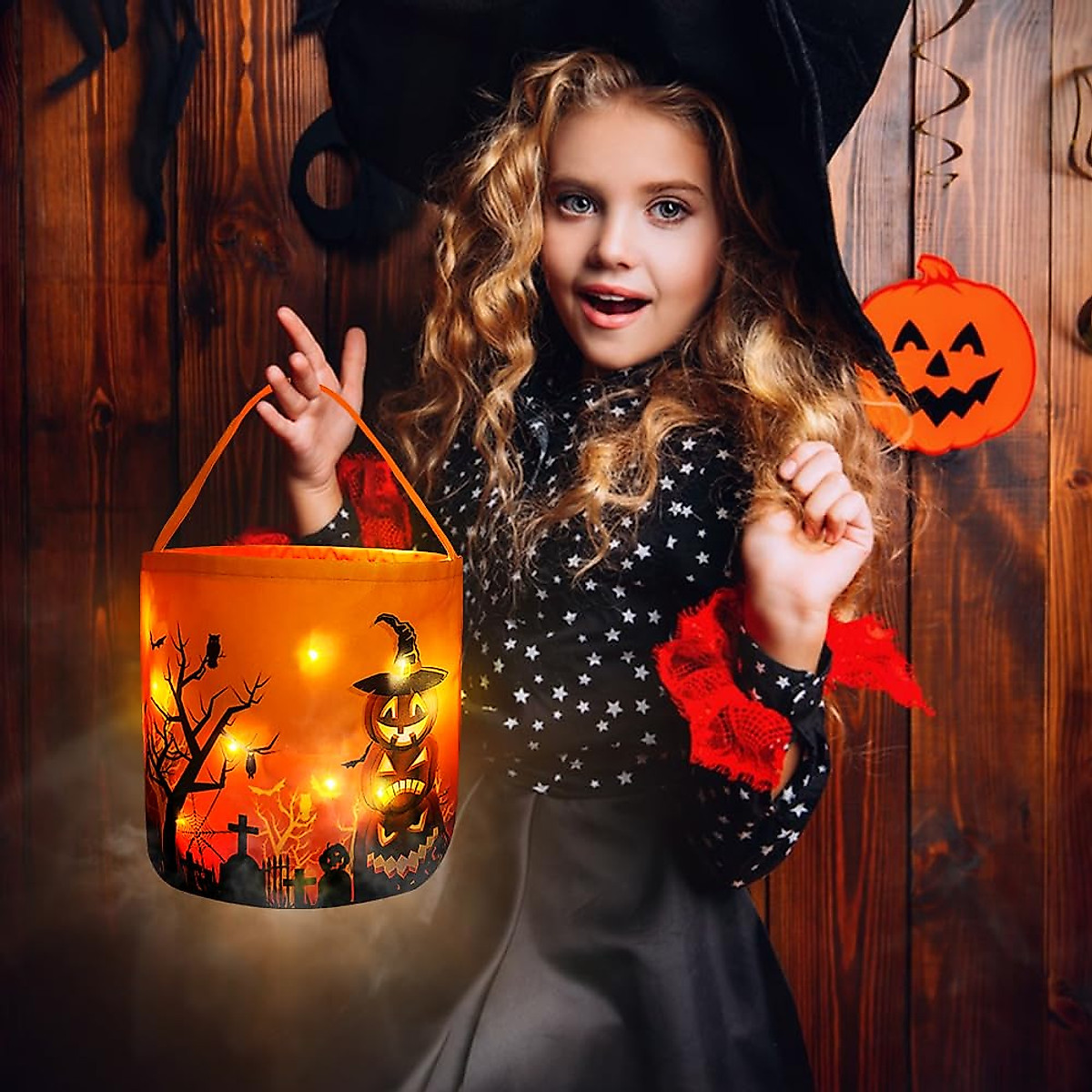 Tarocynn 2 Pieces Halloween Candy Bucket with LED Light Trick or Treat Bags Halloween Bakset Reusable Pumpkin Candy Baskets Tote Bag for Kids Party Supplies Favors