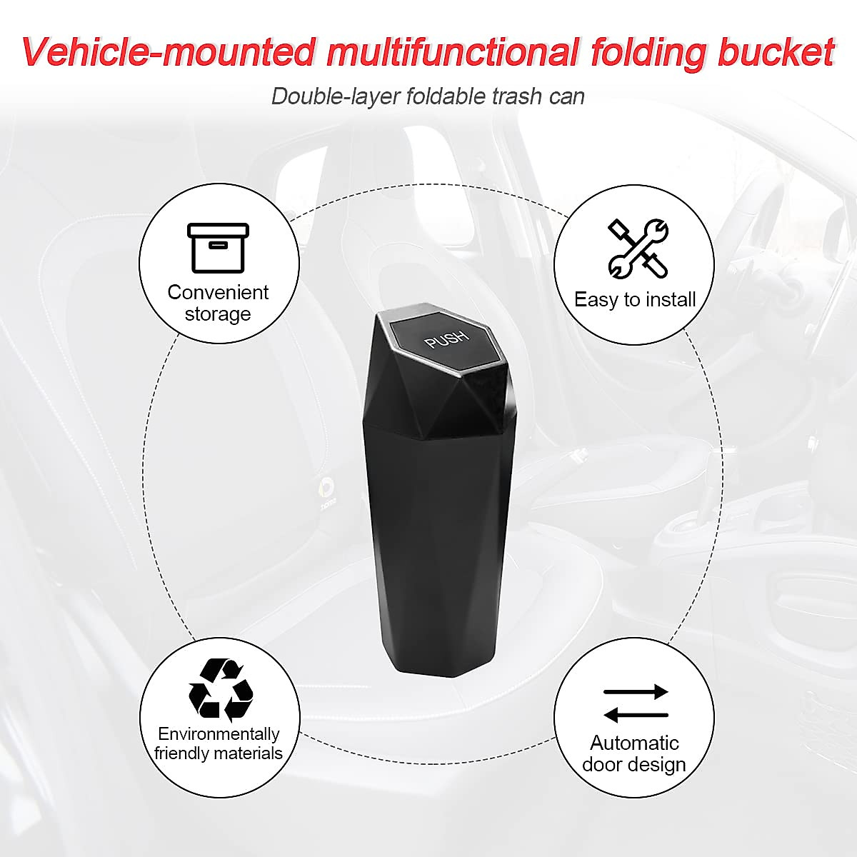 Car Trash Can with Lid, Mini Plastics Portable Auto Garbage Can, Small Leakproof Diamond Design Trash Dustbin, Waterproof Vehicle Rubbish Bins for Automotive Car, Home, Office, Kitchen (Black,1)